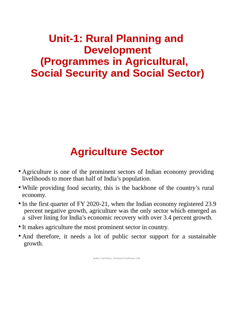 Unit 1 Schemes For Agricultural, Social Security and Social Sectors | PDF
