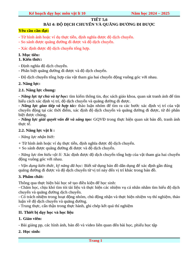 VL10. T5,6. Bài 4. Do Dich Chuyen Va Quang Duong Di Duoc | PDF