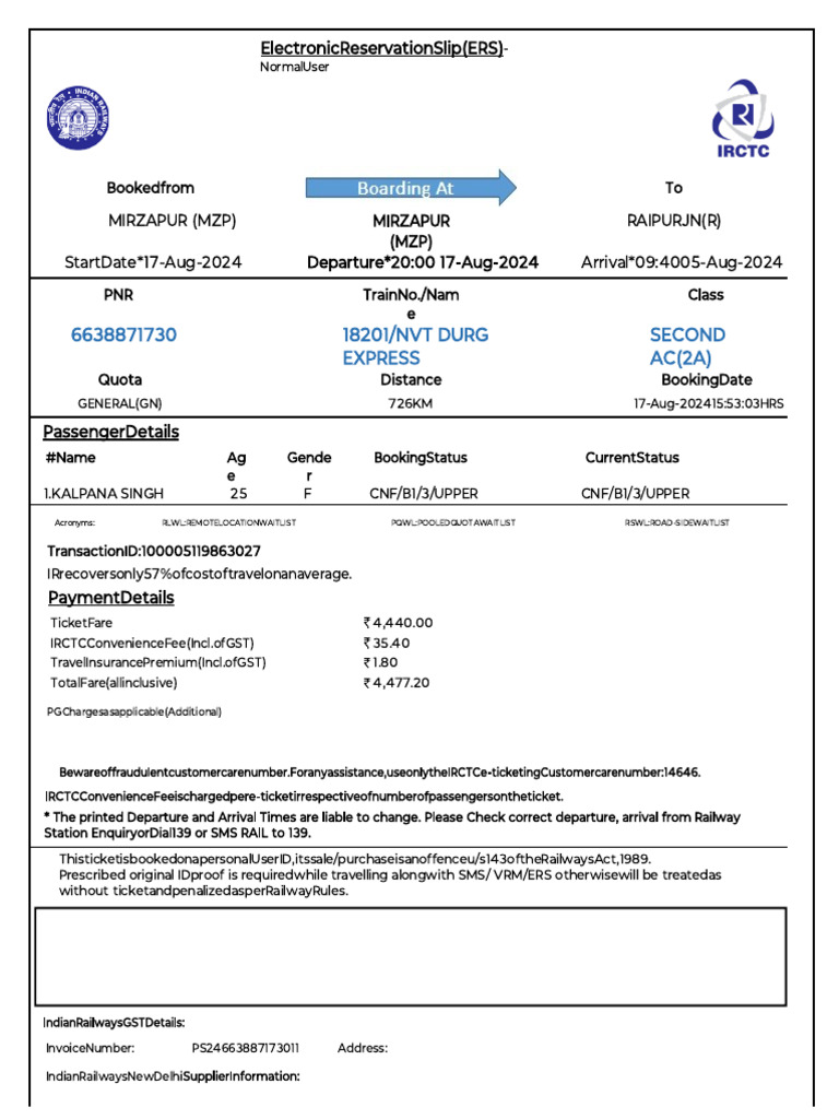 18201/Nvt Durg Express Second Ac (2A) : Electronicreservationslip (Ers) | PDF
