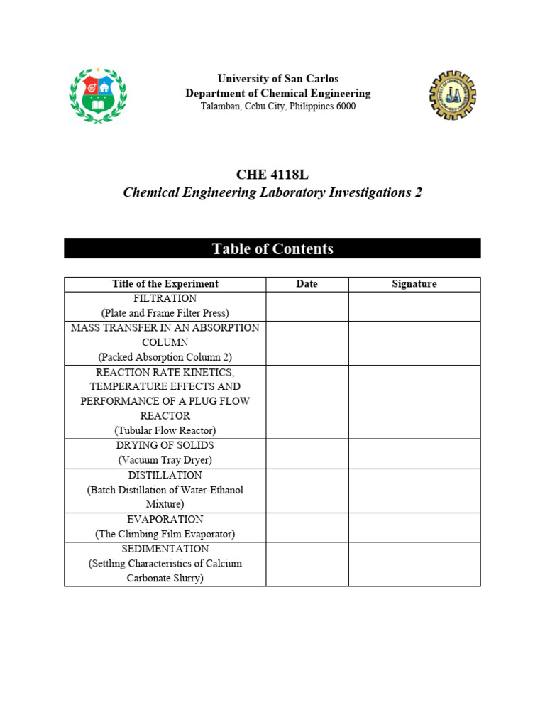 Chemical Engineering Laboratory Investigations 2 Table of Contents | PDF