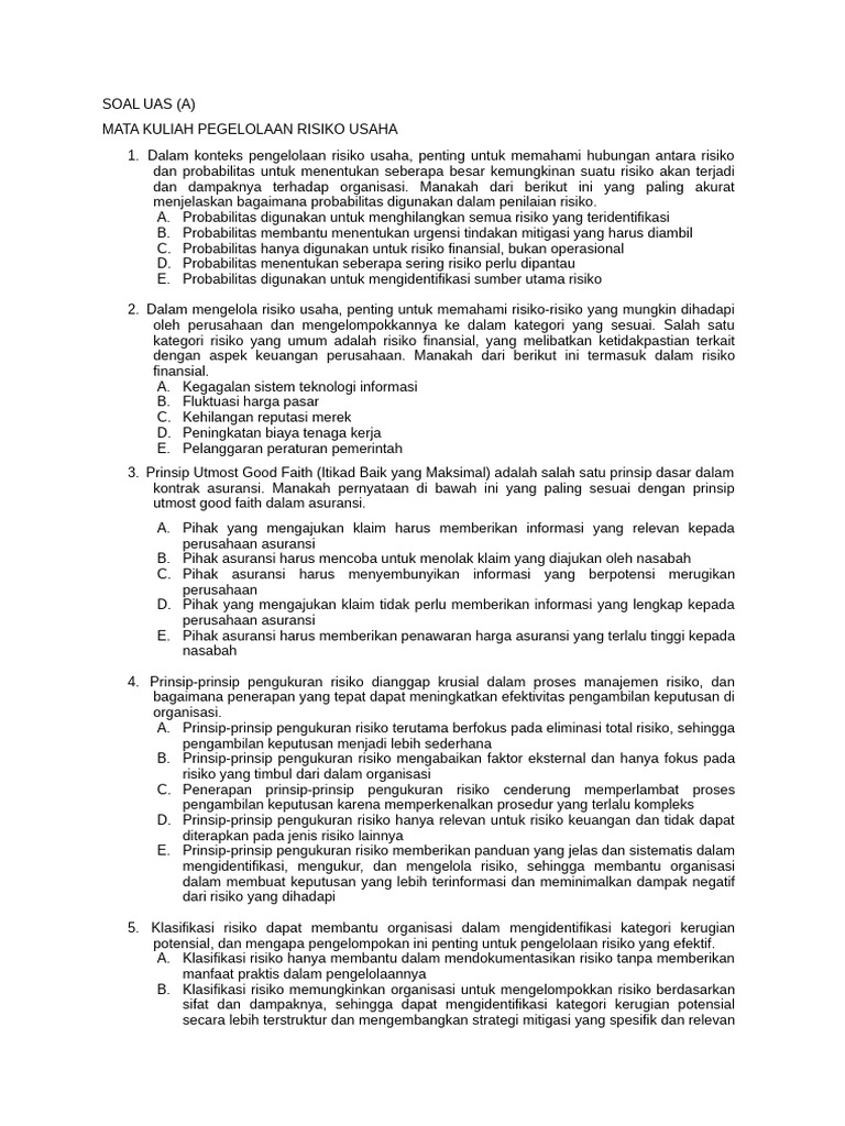 Soal Uas Pengelolaan Risiko Usaha (A) | PDF | Pengelolaan Keuangan & Uang