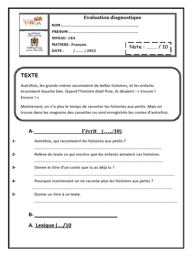 Evaluation Diagnostique CM1 | PDF