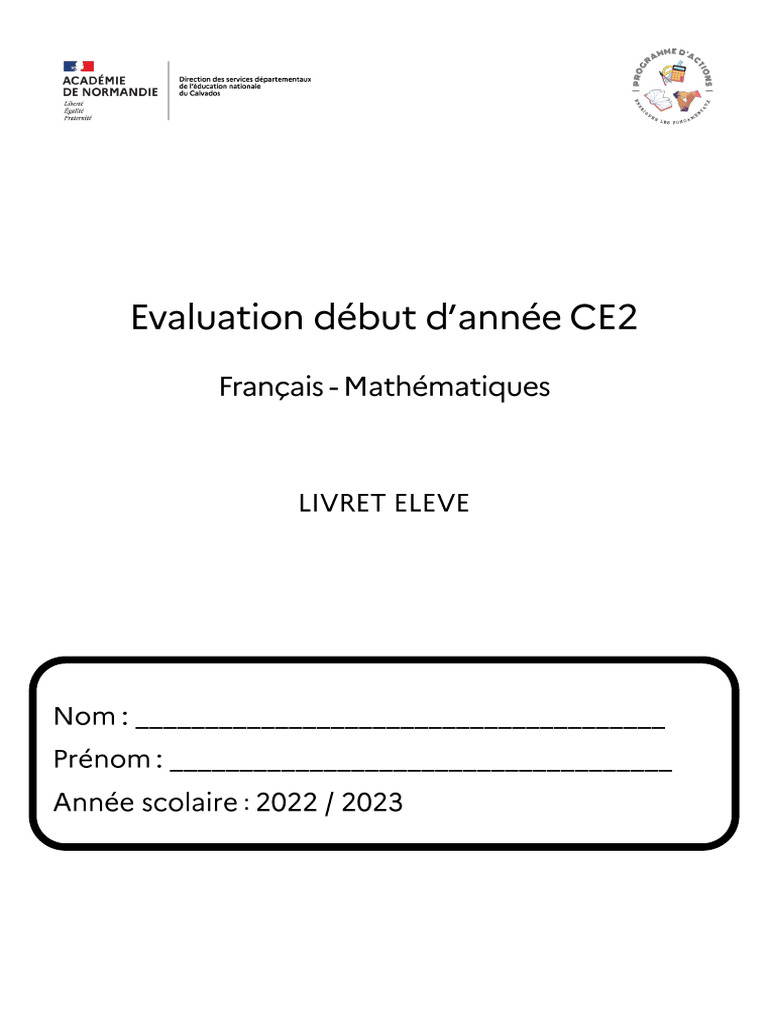 Evaluations Ce2 - Livret Eleve - Version 6 Juillet 2022 | PDF