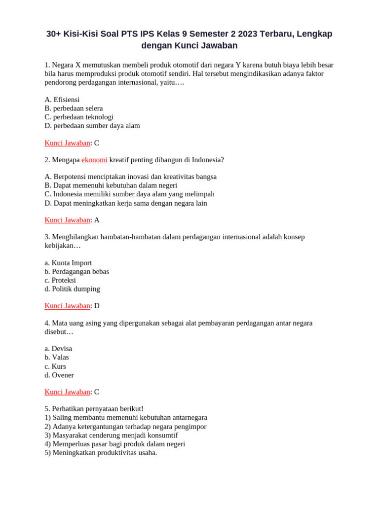 30 soal ips kls 9 smr 2 dan jawabannya 2023 baru | PDF