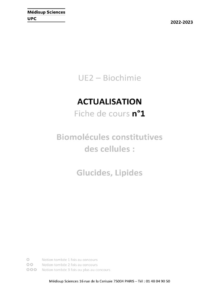 UE2 Biomolécules Constitutives Des Cellules - Fiche Actualisée | PDF