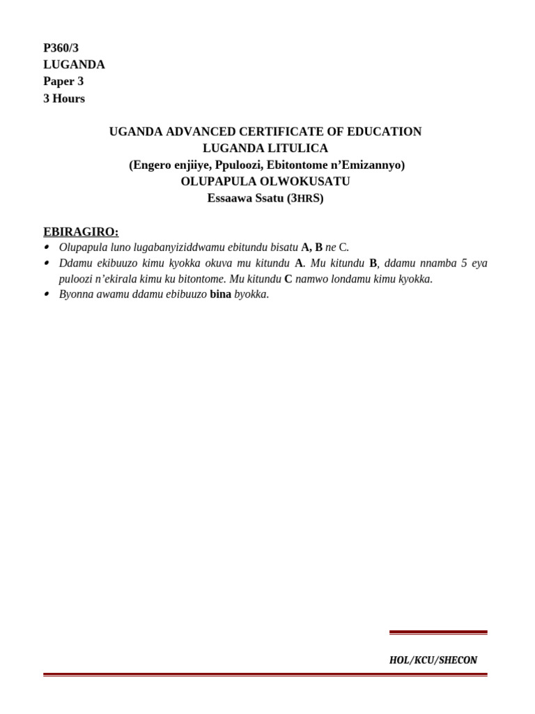 Uganda Advanced Certificate of Education Luganda Paper 3 | PDF