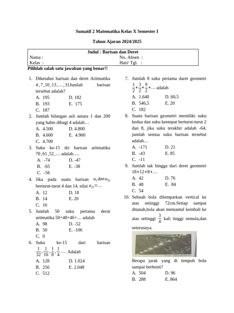 Sumatif Matematika Kelas X Semester I | PDF