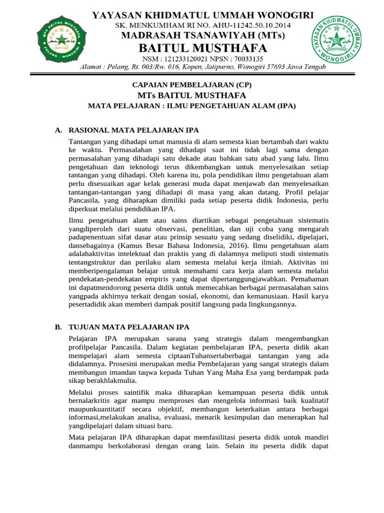 Mts Baitul Musthafa: Capaian Pembelajaran (CP) Mata Pelajaran: Ilmu Pengetahuan Alam (Ipa) | PDF