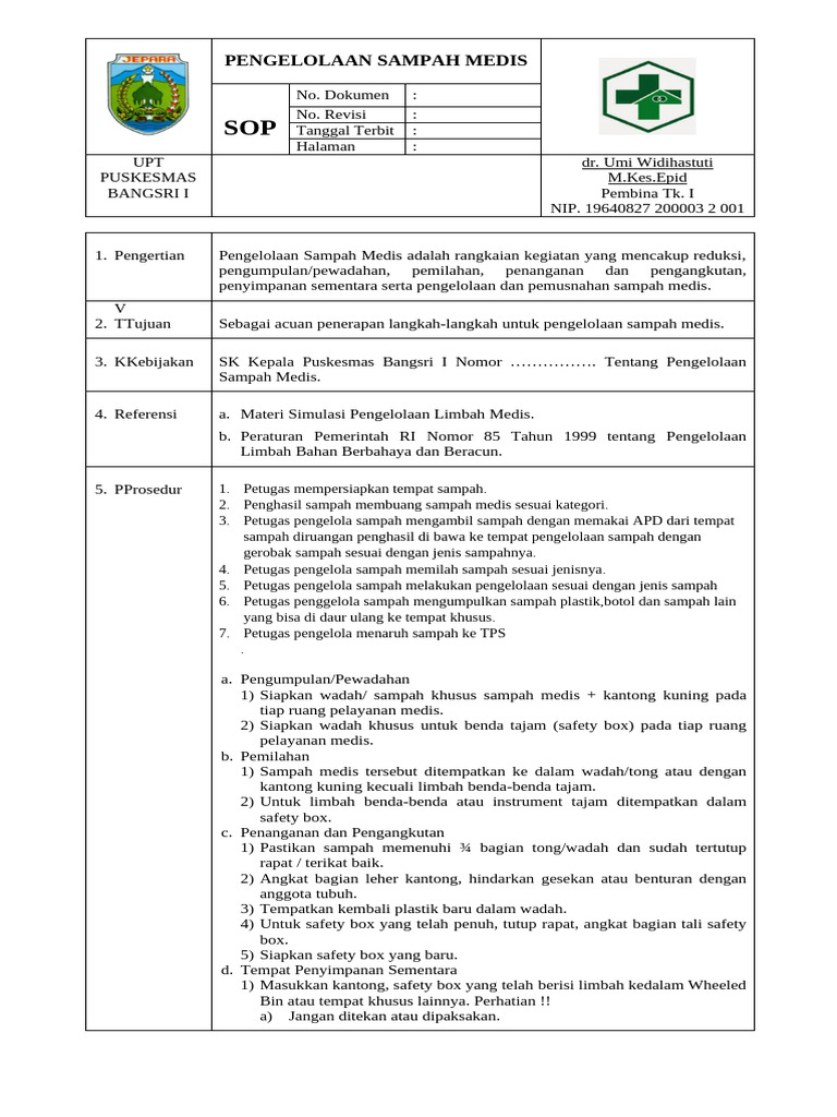 Sop Pengelolaan Limbah Medis 060416 | PDF