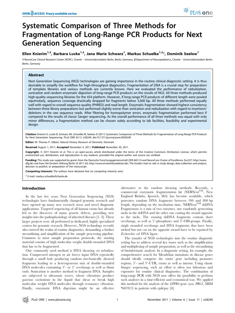 Knierim (2011) - Systematic Comparison of Three Methods For Fragmentation of Long-Range PCR ...