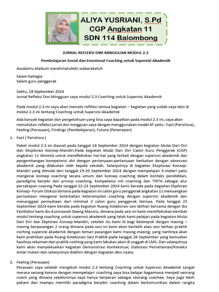 Jurnal Refleksi Dwi Mingguan Modul 2.3 - Aliya Yusriani | PDF