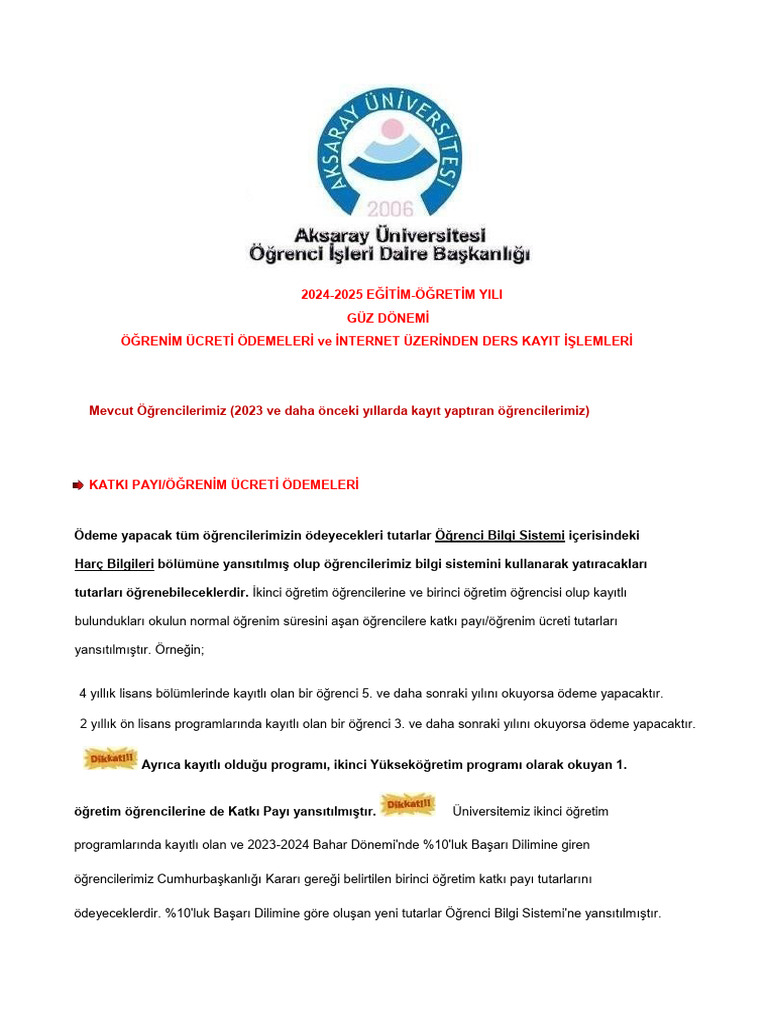 2024-2025 EĞİTİM-ÖĞRETİM YILI Güz Dönemi Öğrenim Ücreti Ödemeleri Ve İnternet Üzerinden Ders ...