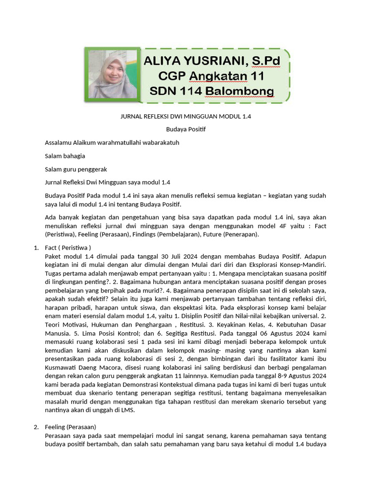 Jurnal Refleksi Dwi Mingguan Modul 1.4 - Aliya Yusriani | PDF