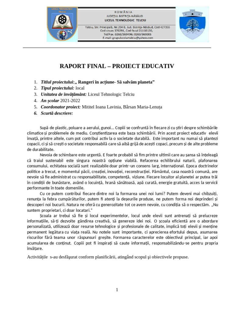 Raport Proiect Educativ | PDF