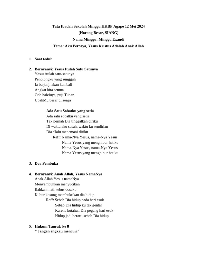Tata Ibadah Sekolah Minggu HKBP Agape Minggu (PAGI) 12 Mei 2024 | PDF