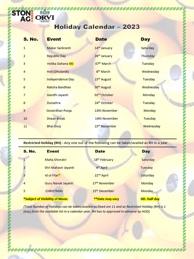 Industrial Annual Holiday Calendar | PDF