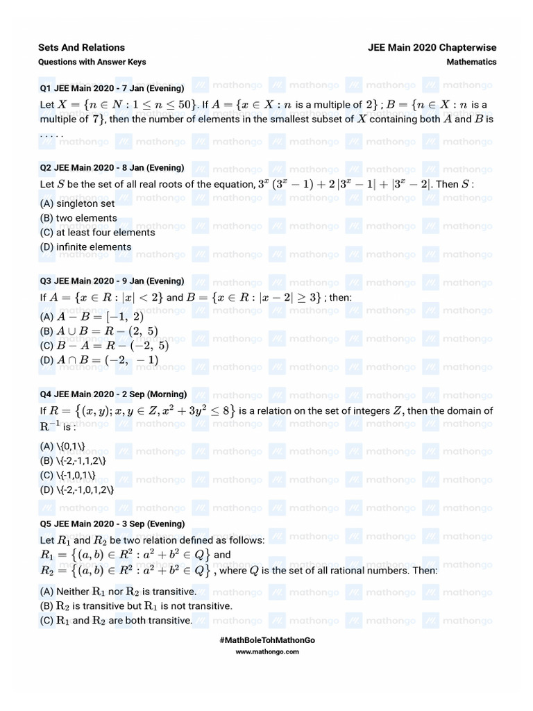 Sets and Relations Questions Jee Main 2020 Chapterwise Question Bank ...