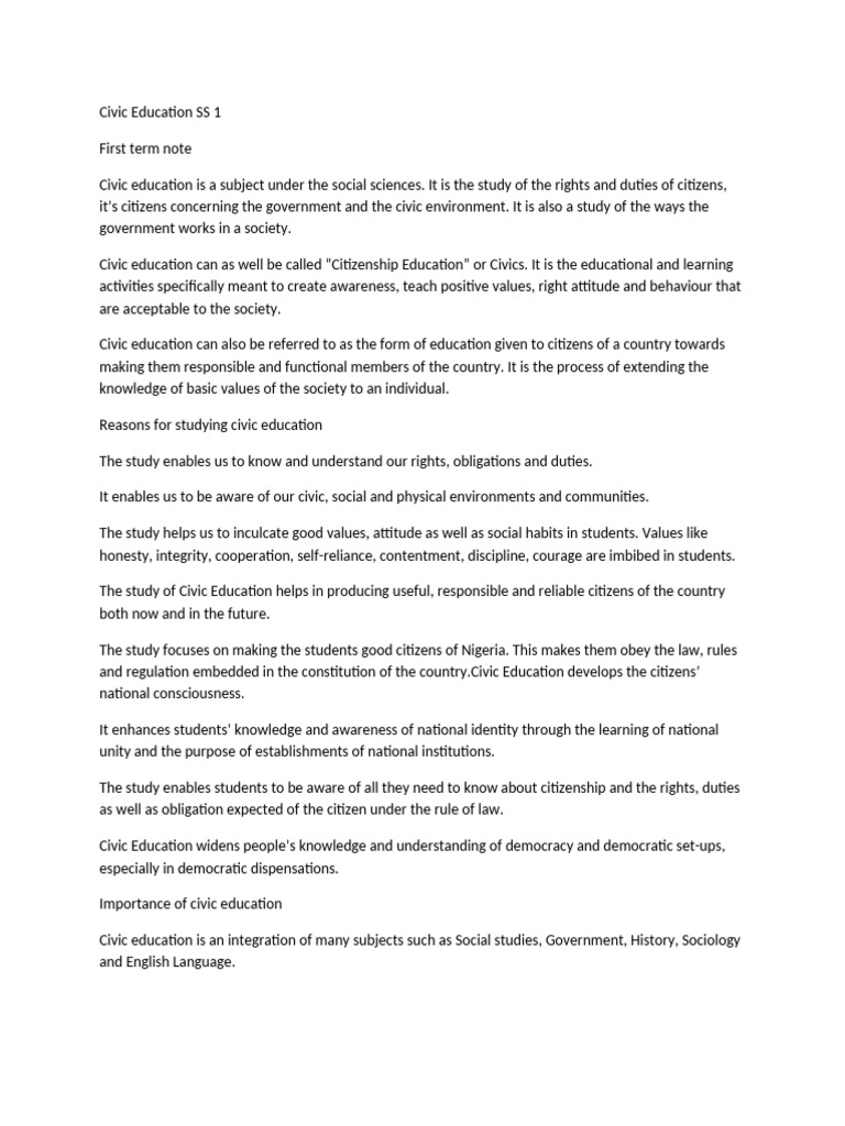 SS1 Civic Education First Term Overview | PDF | Hiv/Aids | Social Science