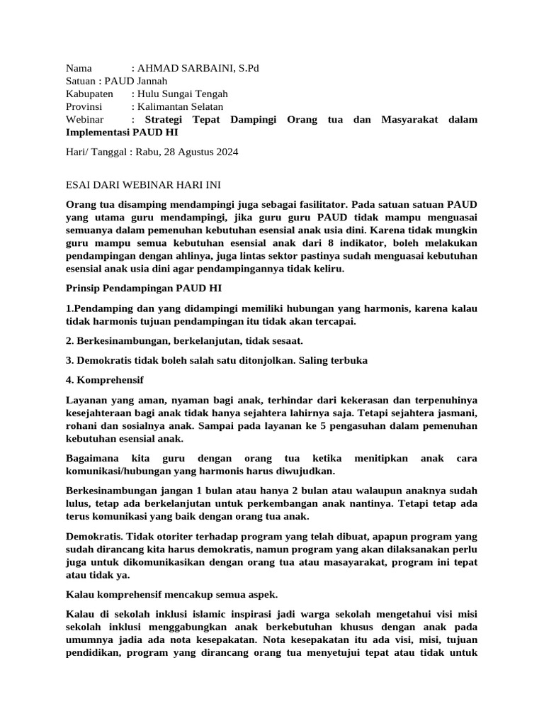 ESAI Dampingi Orang Tua PAUD HI AHMAD SARBAINI PAUD JANNAH HST PROVINSI ...
