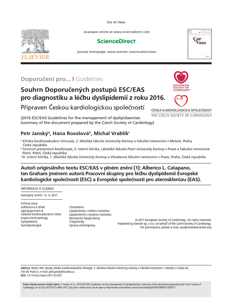 Souhrn Doporučených Postupů ESC - EAS Pro Diagnostiku A Léčbu ...