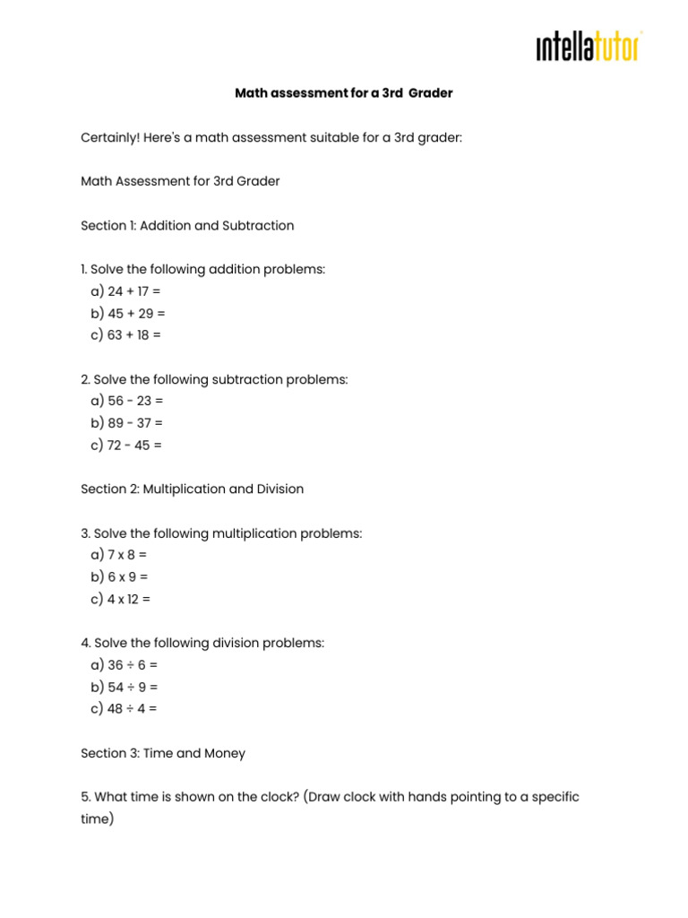 3rd Grade Math Skills Test | PDF