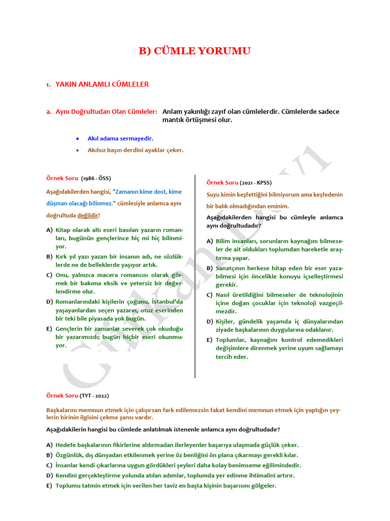 B) Cümle Yorumu: 1. Yakin Anlamli Cümleler | PDF