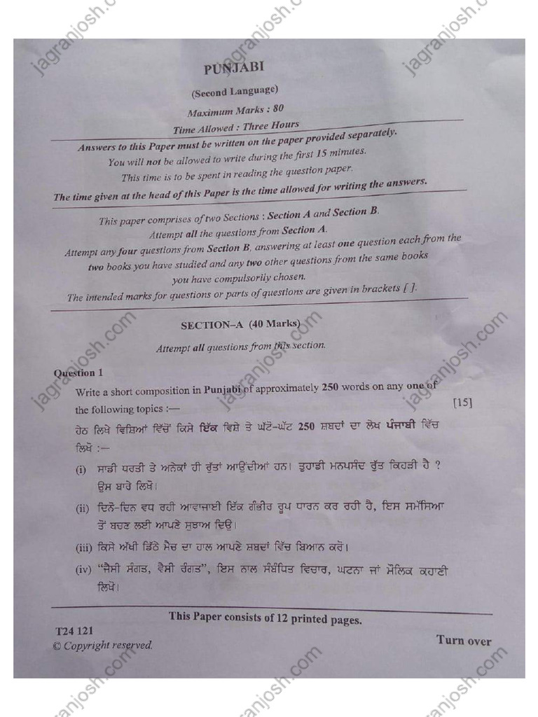 Icse Class 10 Punjabi Question Paper 2024 | PDF
