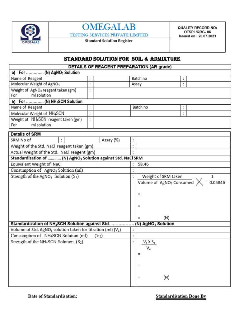 Standard Solution Register For Chloride Lab 2 Soil & Admixture | PDF Standard Solution Register For Chloride Lab 2 Soil & Admixture | PDF