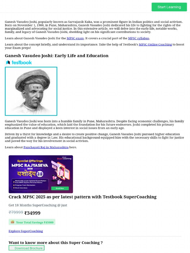 Ganesh Vasudev Joshi - Learn About His Life, Social Activism & Legacy | PDF