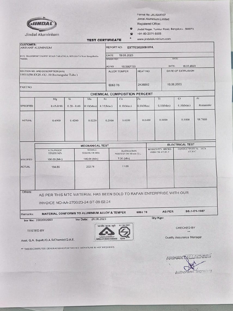 Aluminium Pipe MTC | PDF