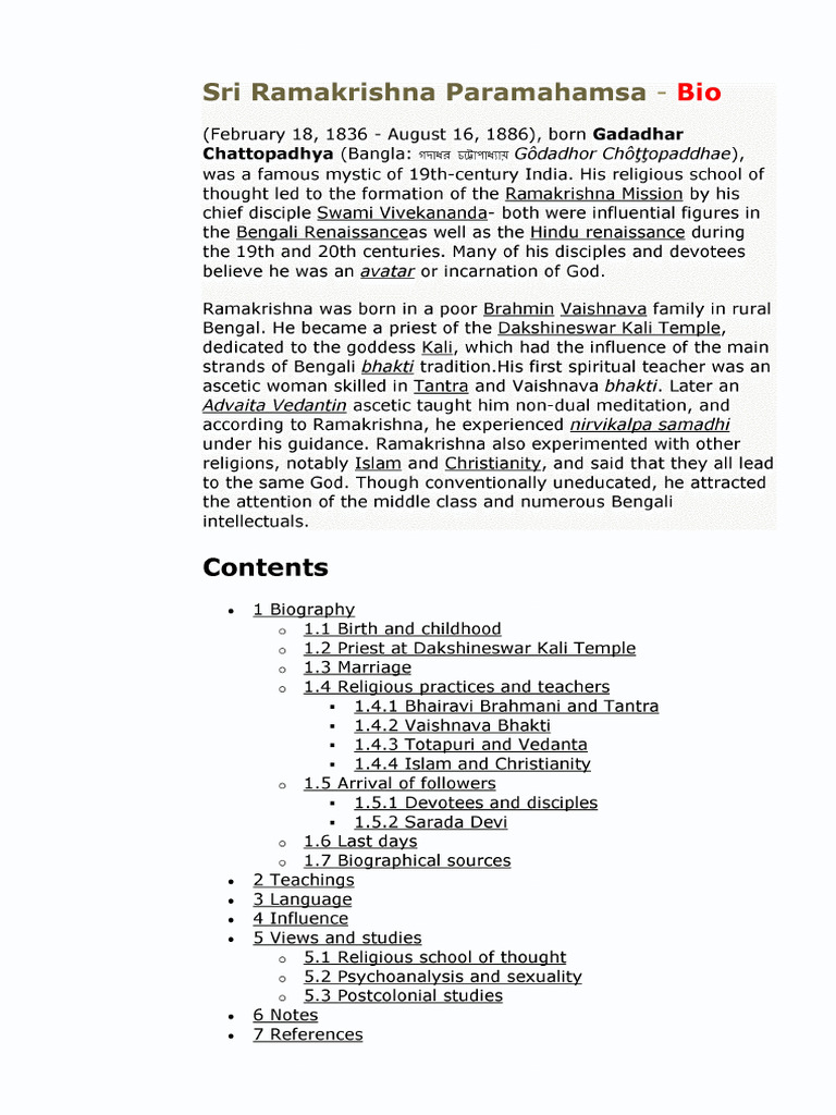 Sri Ramakrishna Paramahamsa Bio | PDF