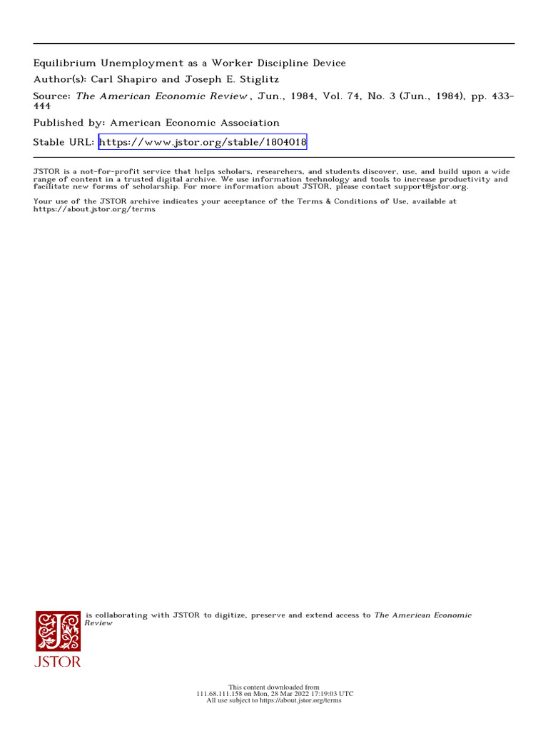 IM 00 Resources Shapiro Stiglitz 1984 AER | PDF