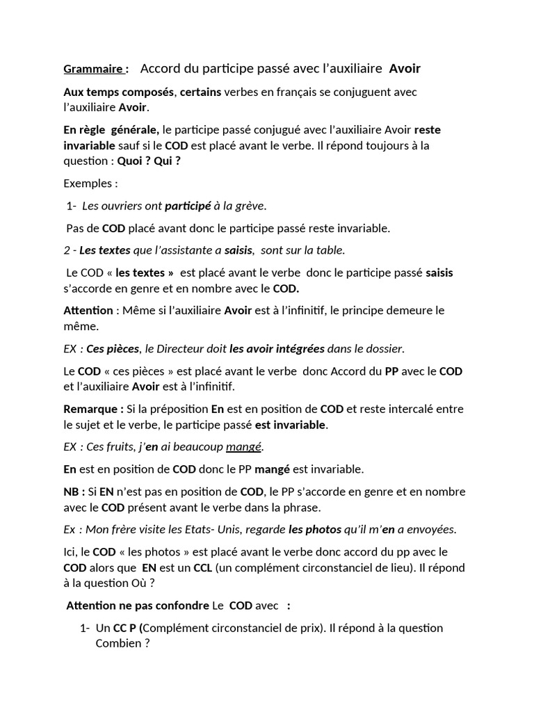 Accord Du Participe Passã© Avec Avoir | PDF