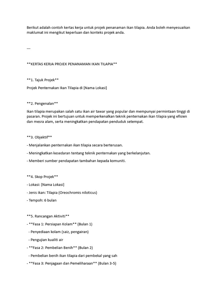 Berikut Adalah Contoh Kertas Kerja Untuk Projek Penanaman Ikan Tilapia | PDF