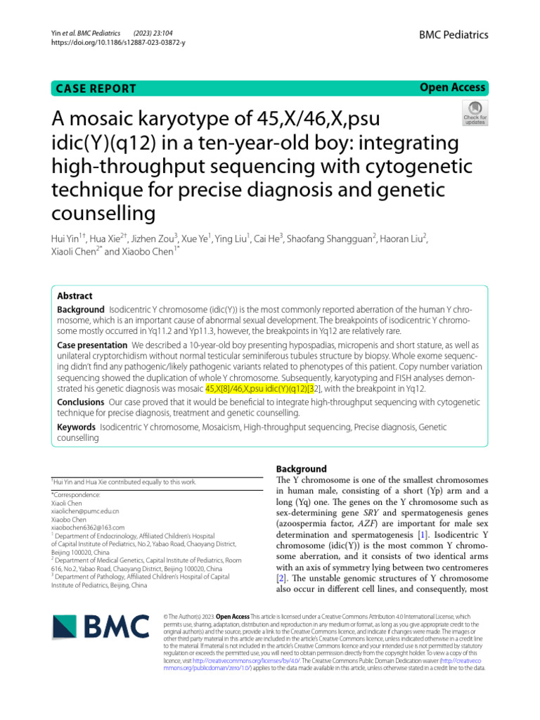 A Mosaic Karyotype of 45, X 46, X, Psu Idic (Y) (q12) in A Ten-Year-Old Boy 2023 | PDF