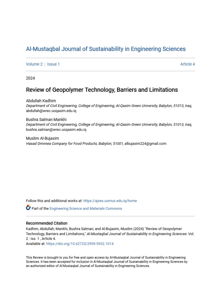 Review of Geopolymer Technology Barriers and Limitations | PDF