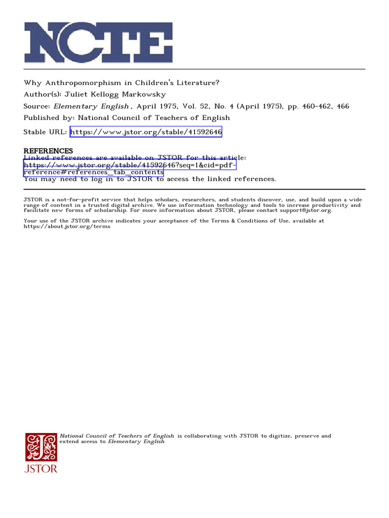 Markowsky AnthropomorphismChildrensLiterature 1975 | PDF