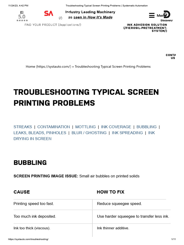 Troubleshooting Typical Screen Printing Problems - Systematic ...