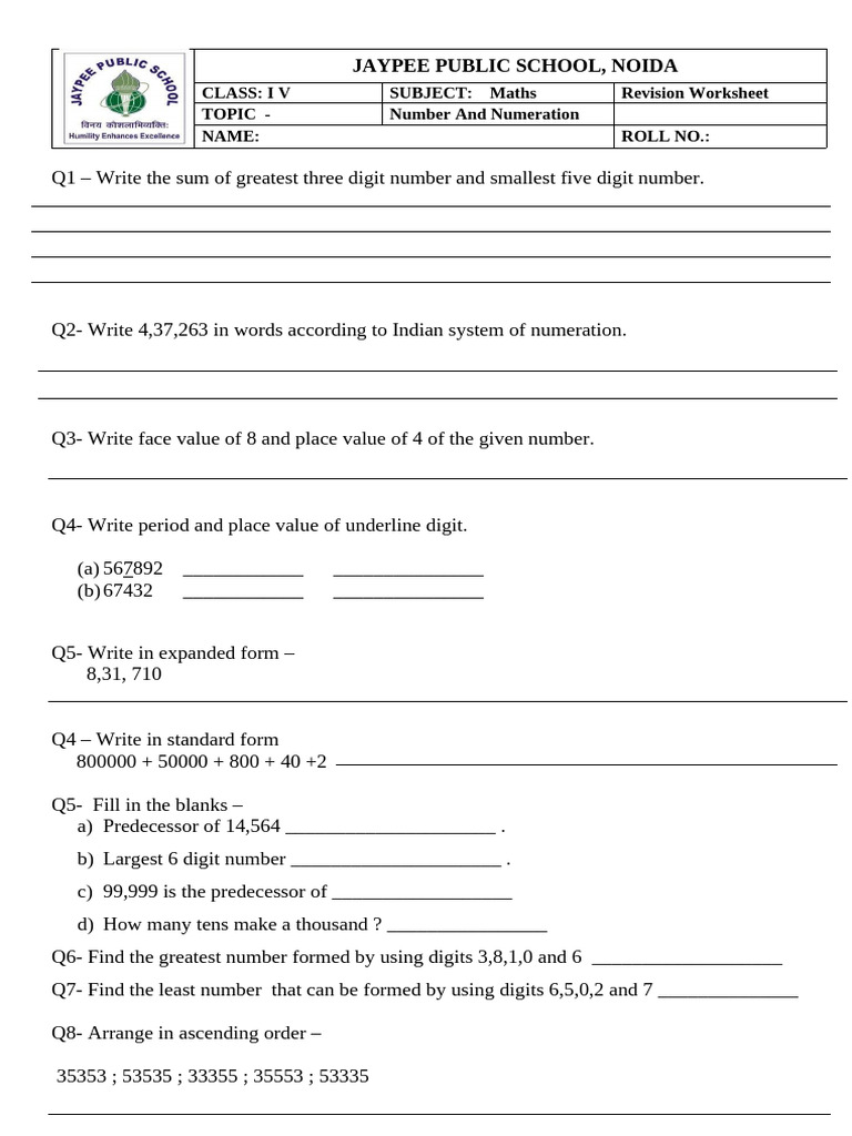 Class 4 Numeration Revision Worksheet | PDF