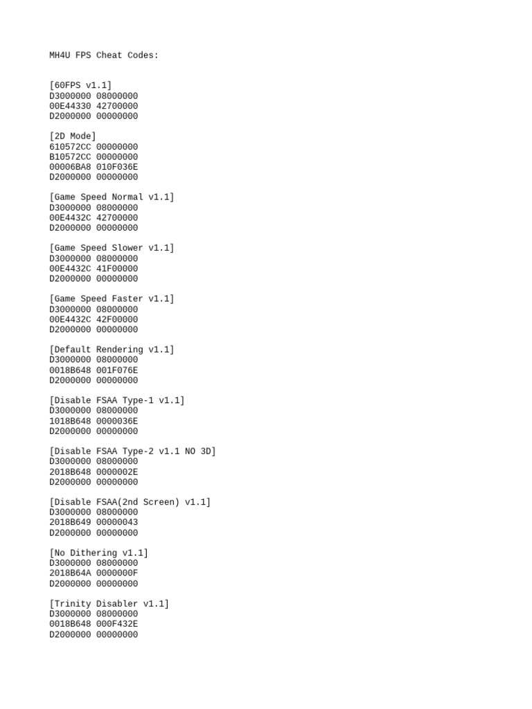 MH4U FPS Cheat Codes | PDF
