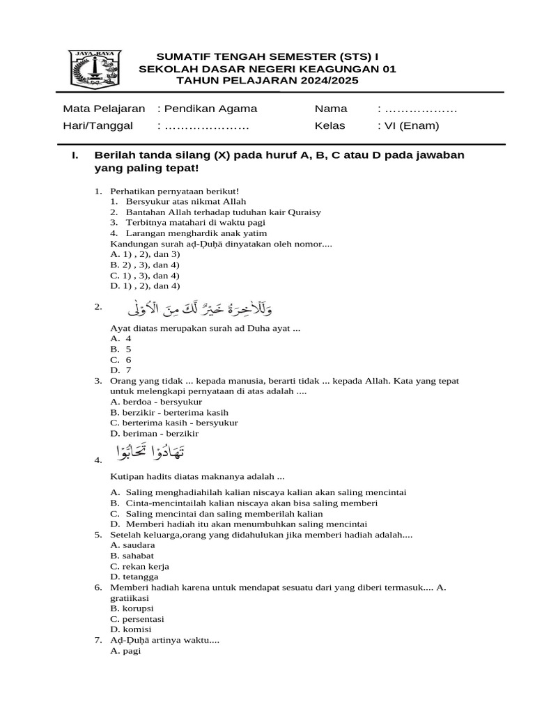 STS 1 Pai Kelas 6 2024 Kurmer | PDF