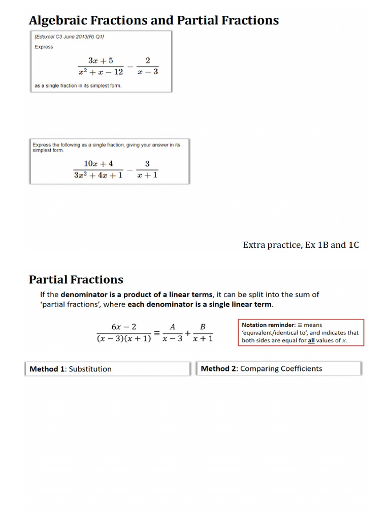 Chapter 1b - Algebraic Methods, Partial Fractions (P2) | PDF