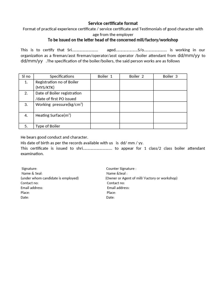 Service Certificate Format | PDF