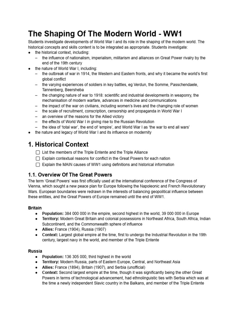 Notes: The Shaping of The Modern World - World War 1 | PDF