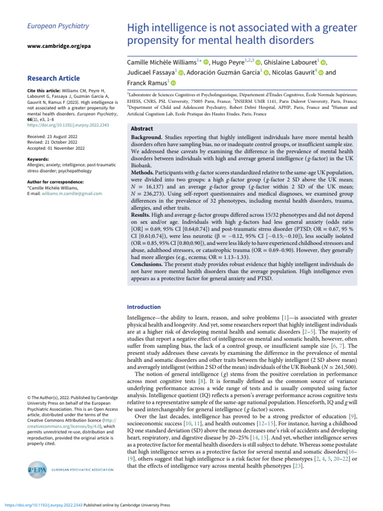 High Intelligence and Mental Health Disorders | PDF | Intelligence ...