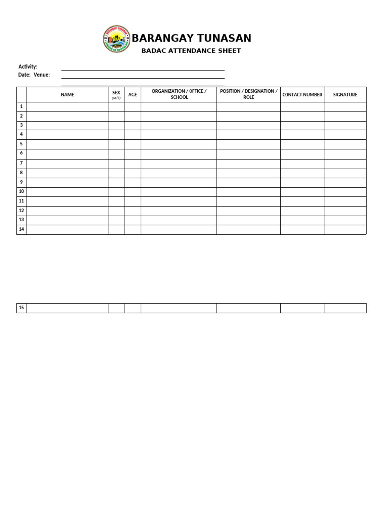 BADAC TEMPLATE - Attendance Sheet | PDF