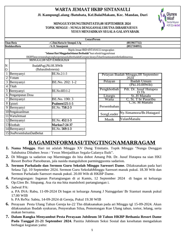 Warta Jemaat HKBP Sintanauli 08 September2024 | PDF
