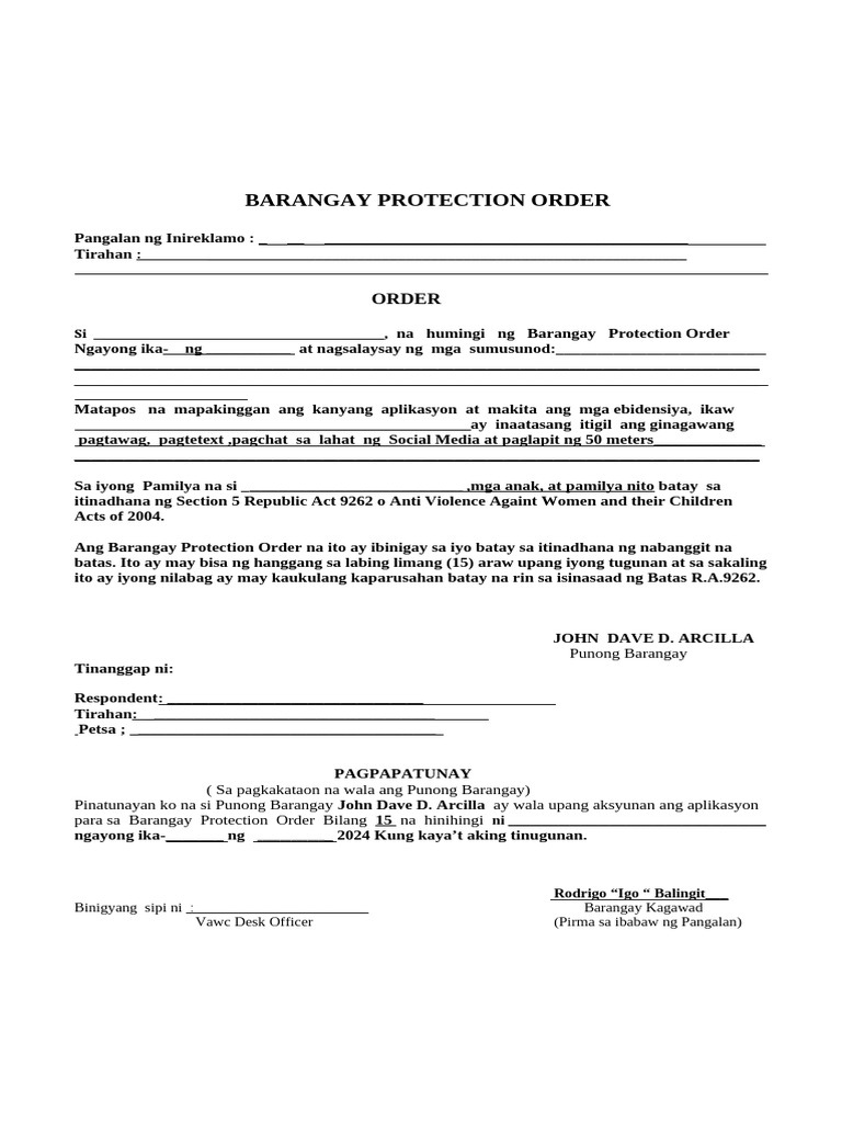 Barangay Protection Order | PDF