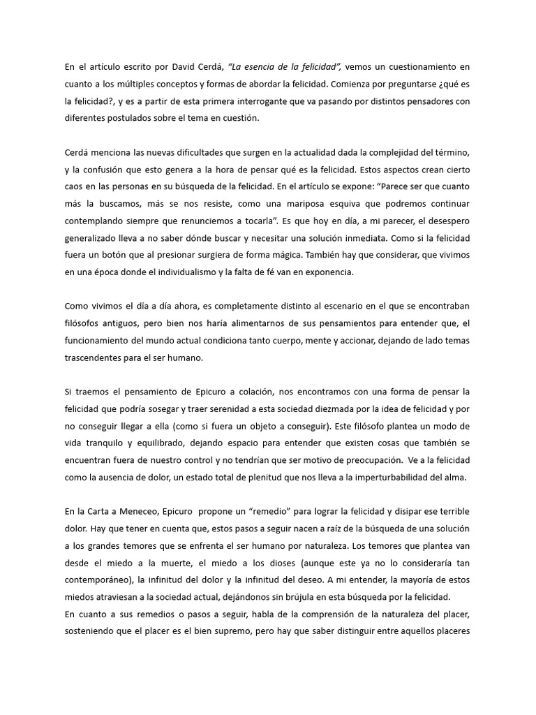 Analisis Del Articulo - La Esencia de La Felicidad - Según Epicuro | PDF