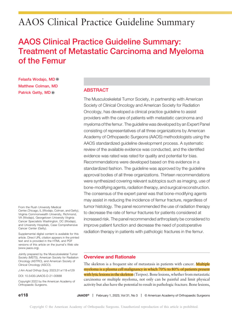 AAOS Clinical Practice Guideline Summary - Treatment of Metastatic Carcinoma and Myeloma of The ...